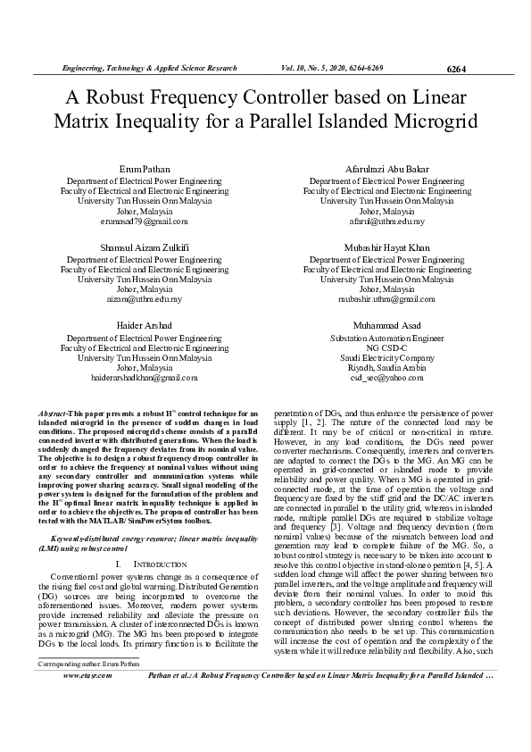 (PDF) A Robust Frequency Controller based on Linear Matrix Inequality for a Parallel Islanded ...