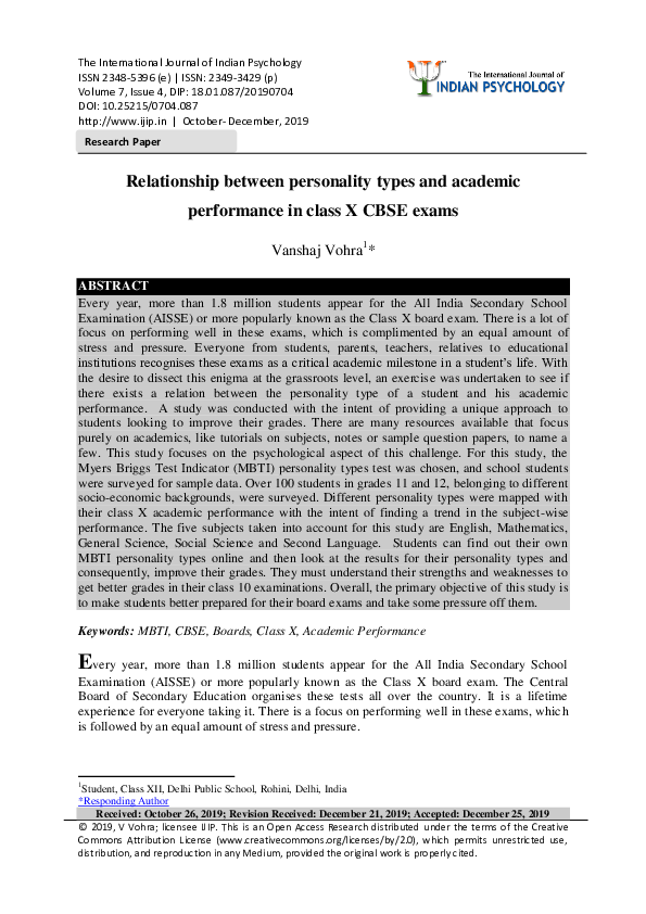 (PDF) Relationship between personality types and academic performance ...