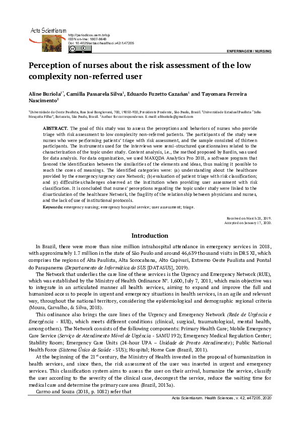 (PDF) Nurses' Perceptions on Risk Assessment for Low Complexity Patients