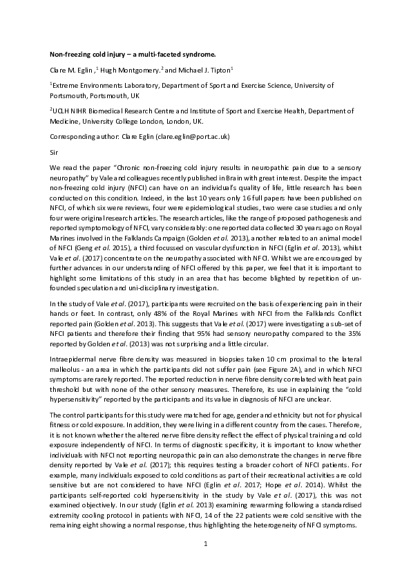 (PDF) Non-freezing cold injury: a multi-faceted syndrome | Mike Tipton ...