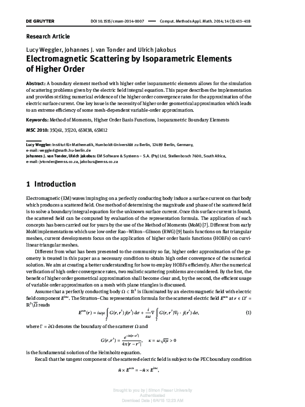 (PDF) Electromagnetic Scattering by Isoparametric Elements of Higher Order