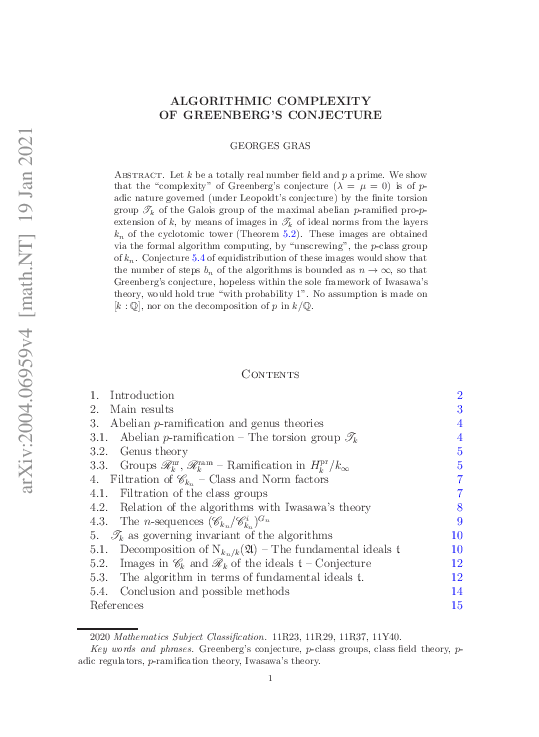 (PDF) Algorithmic complexity of Greenberg's conjecture