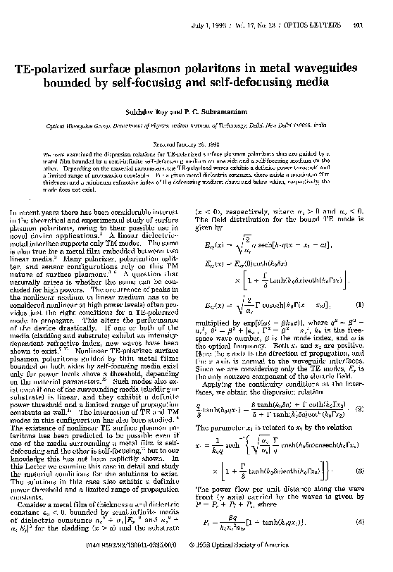 (PDF) TE-polarized surface plasmon polaritons in metal waveguides bounded by self-focusing and ...