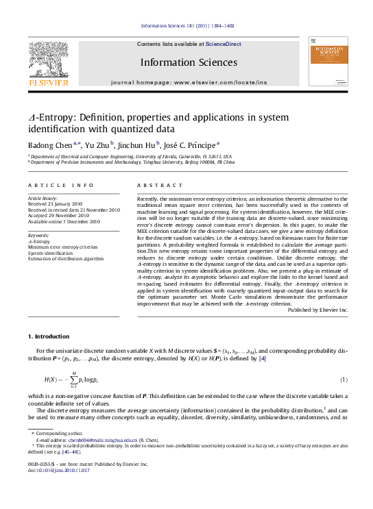 (PDF) Δ-Entropy: Definition, properties and applications in system identification with quantized ...