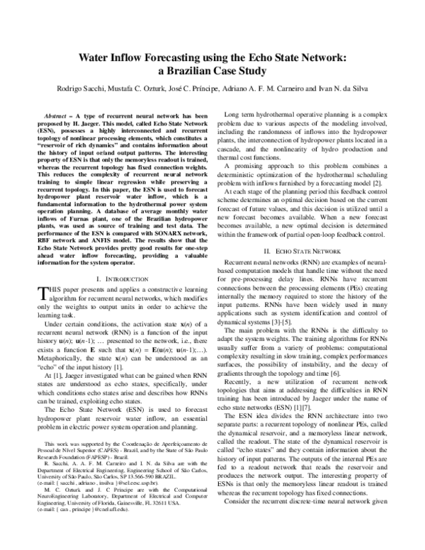 (PDF) Water Inflow Forecasting using the Echo State Network: a Brazilian Case Study