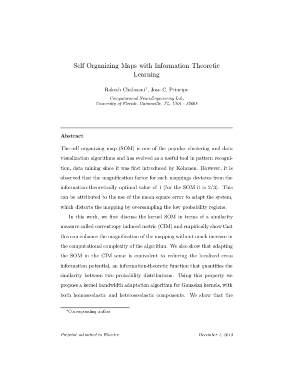 (PDF) Self-organizing maps with information theoretic learning
