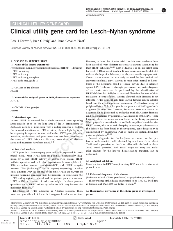 (PDF) Clinical utility gene card for: Lesch–Nyhan syndrome
