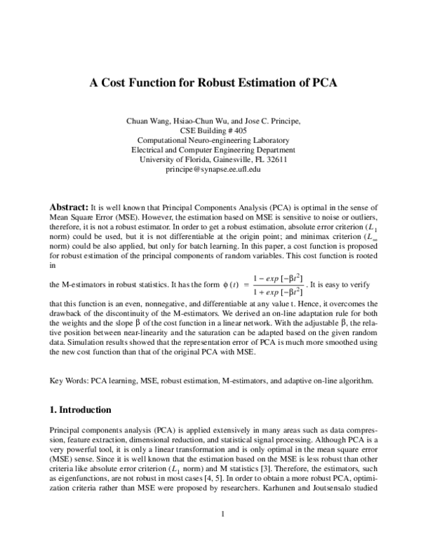 Cost function for robust estimation of PCA