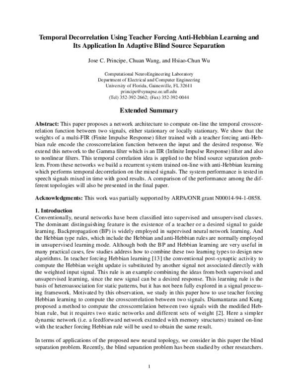 (PDF) Temporal decorrelation using teacher forcing anti-Hebbian learning and its application in ...