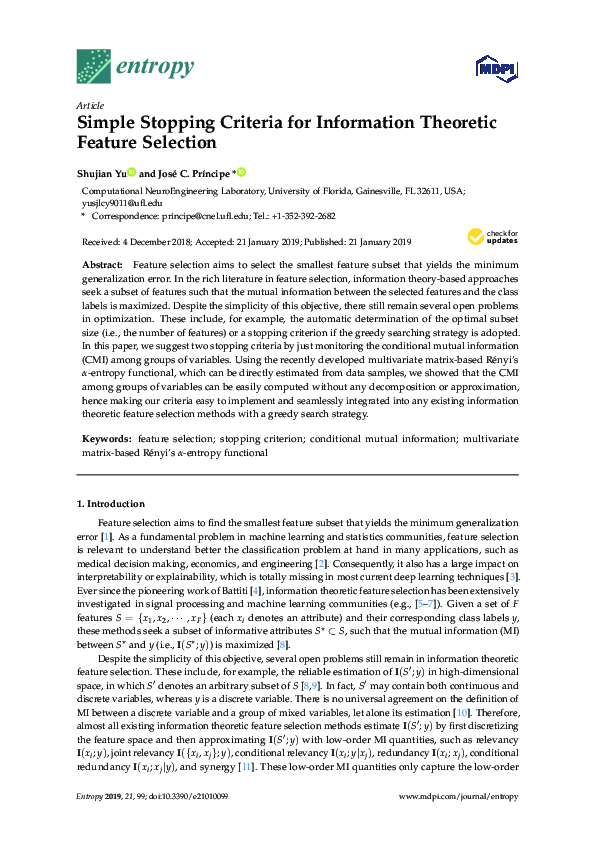 (PDF) Simple Stopping Criteria for Information Theoretic Feature Selection