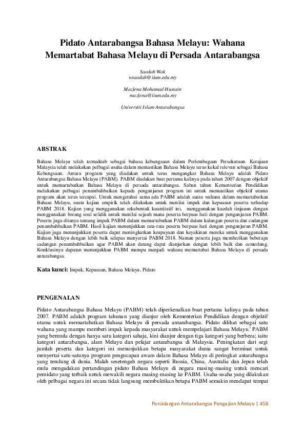 (PDF) Pidato antarabangsa Bahasa Melayu: wahana memartabat Bahasa Melayu di persada antarabangsa