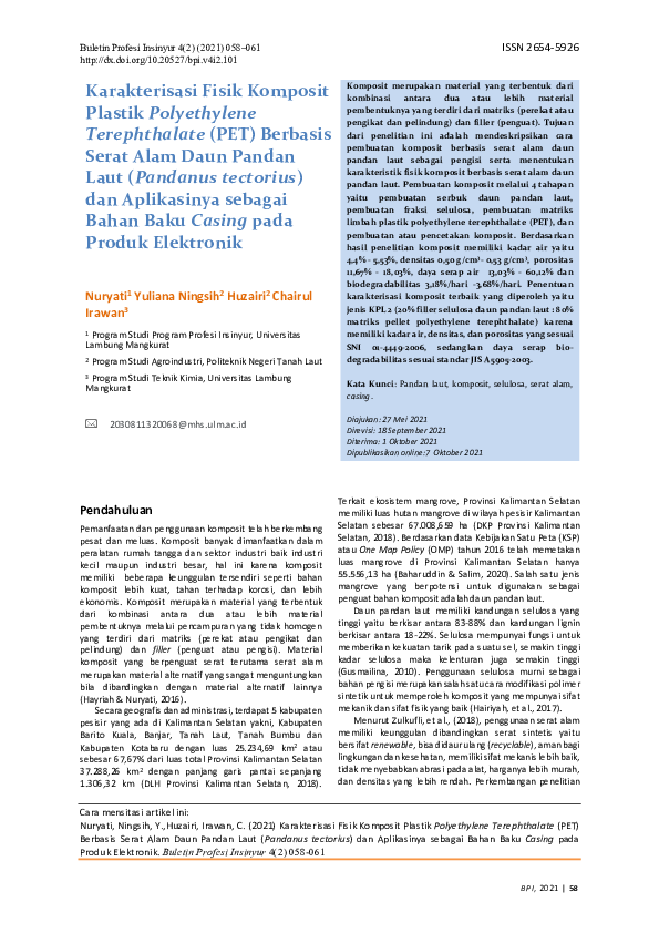 (PDF) Karakterisasi Fisik Komposit Plastik Polyethylene Terephthalate (PET) Berbasis Serat Alam ...