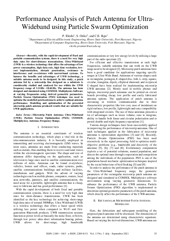 (PDF) Performance Analysis of Patch Antenna for Ultra- Wideband using Particle Swarm Optimization