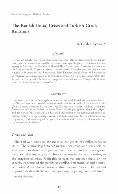 (PDF) The Kardak (Imia) Crisis αnd Turkish-Greek Relations