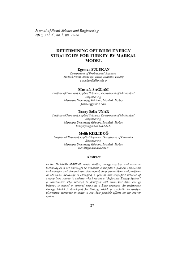 (PDF) Determining Optimum Energy Strategies for Turkey by Markal Model