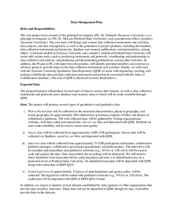 (PDF) Data Management Plan for NSF Proposal