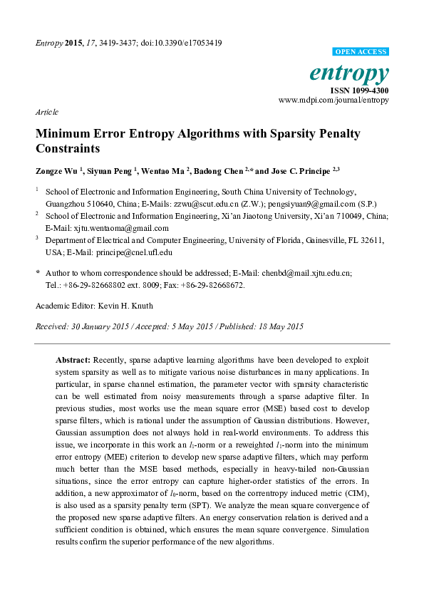 (PDF) Article Minimum Error Entropy Algorithms with Sparsity Penalty Constraints | Jose Principe ...