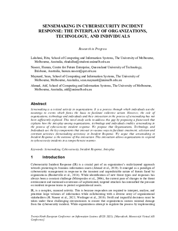 (PDF) Sensemaking in Cybersecurity Incident Response: The interplay of Organizations, Technology ...