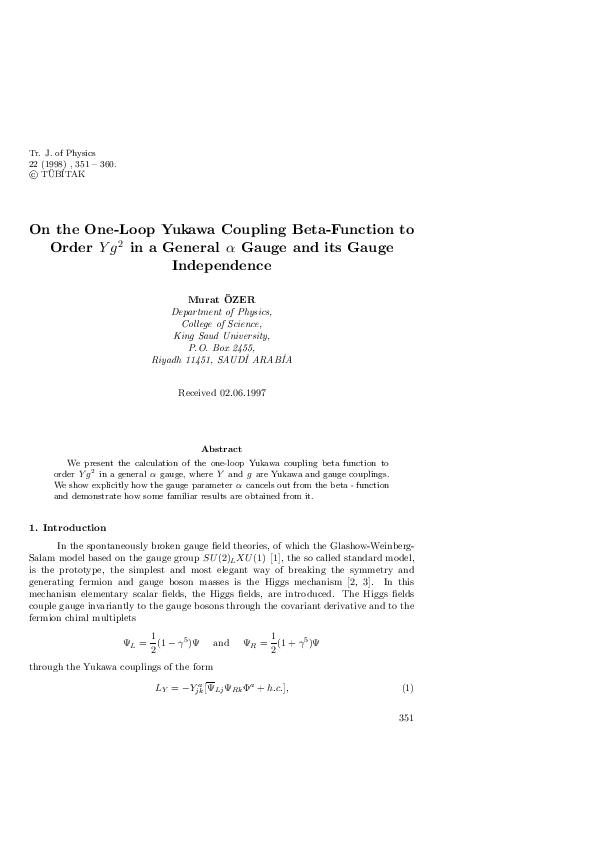 (PDF) On the One-Loop Yukawa Coupling Beta-Function to Order Y g2 in a General α Gauge and its ...