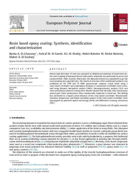(PDF) Rosin based epoxy coating: Synthesis, identification and ...