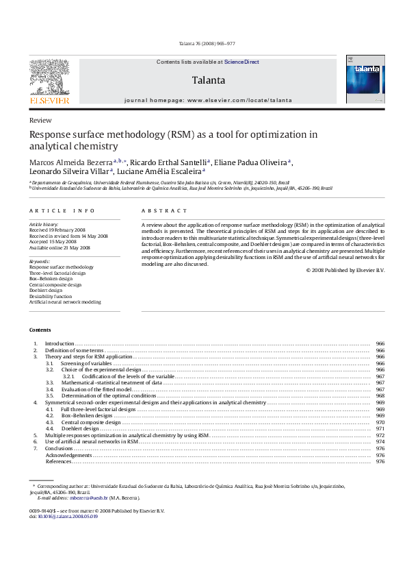 (PDF) Response surface methodology (RSM) as a tool for optimization in ...