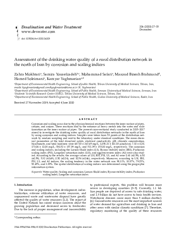 (PDF) Assessment of the drinking water quality of a rural distribution ...