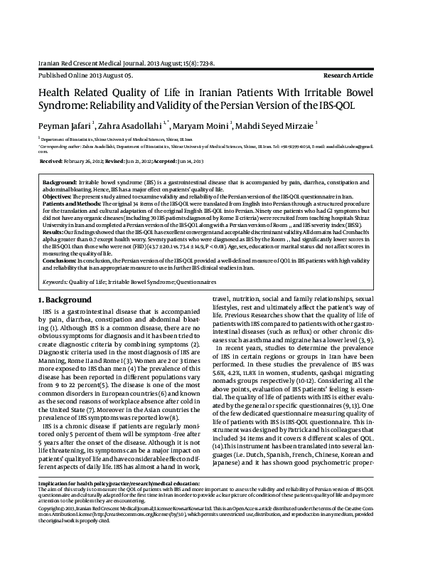 (PDF) Health Related Quality of Life in Iranian Patients With Irritable ...
