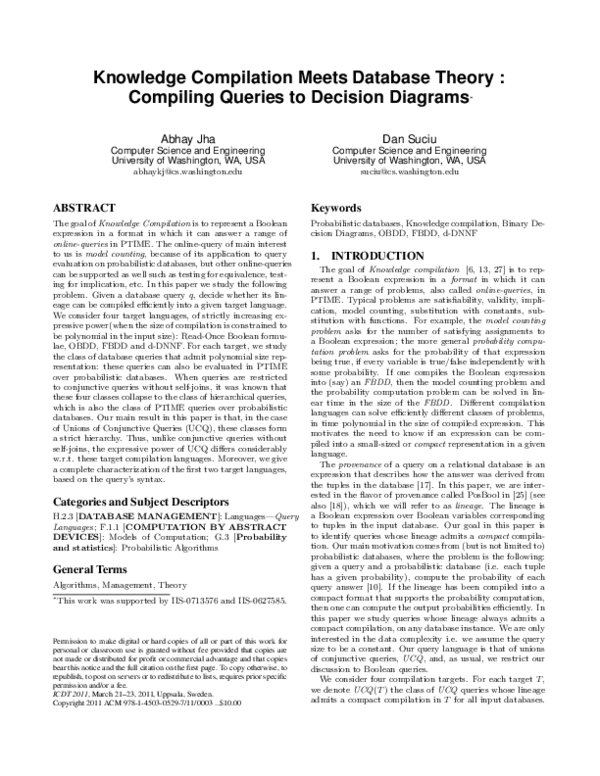 (PDF) Knowledge Compilation Meets Database Theory: Compiling Queries to Decision Diagrams