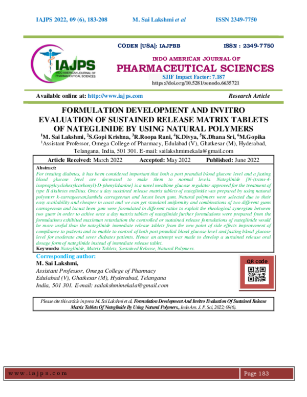 Pdf Formulation Development And Invitro Evaluation Of Sustained Release Matrix Tablets Of