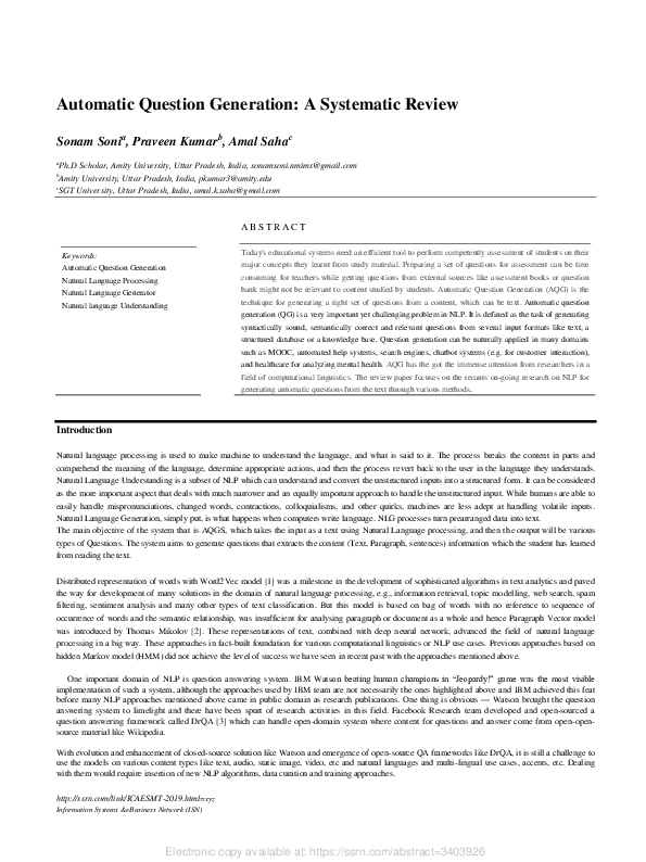 (PDF) Automatic Question Generation: A Systematic Review