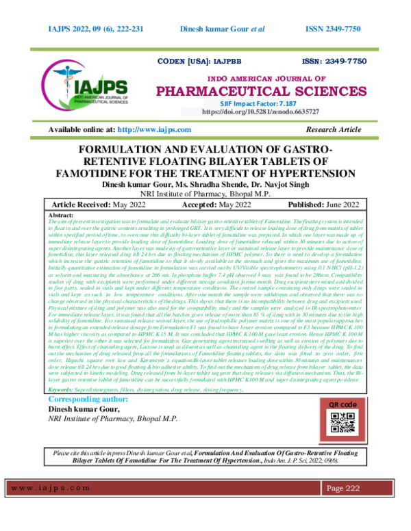Pdf Formulation And Evaluation Of Gastro Retentive Floating Bilayer Tablets Of Famotidine For
