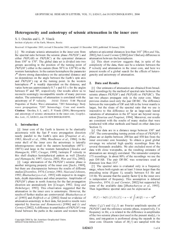 (PDF) Heterogeneity and anisotropy of seismic attenuation in the inner core