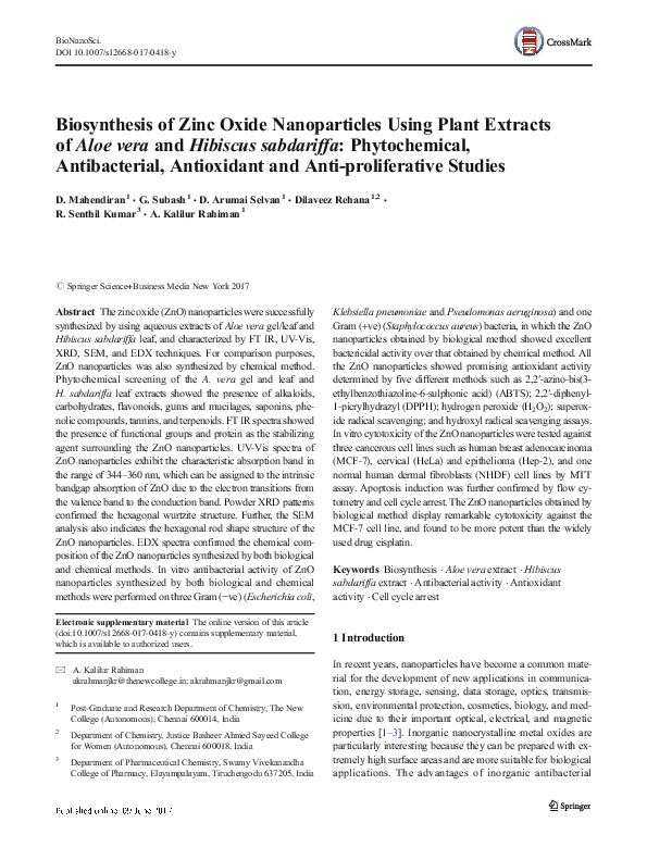 (PDF) Biosynthesis of Zinc Oxide Nanoparticles Using Plant Extracts of Aloe vera and Hibiscus ...