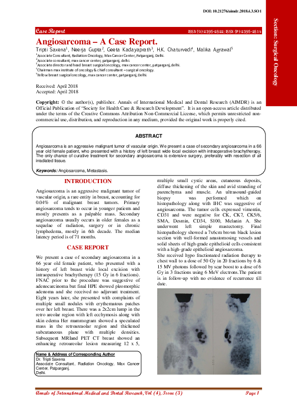 (PDF) Angiosarcoma – A Case Report