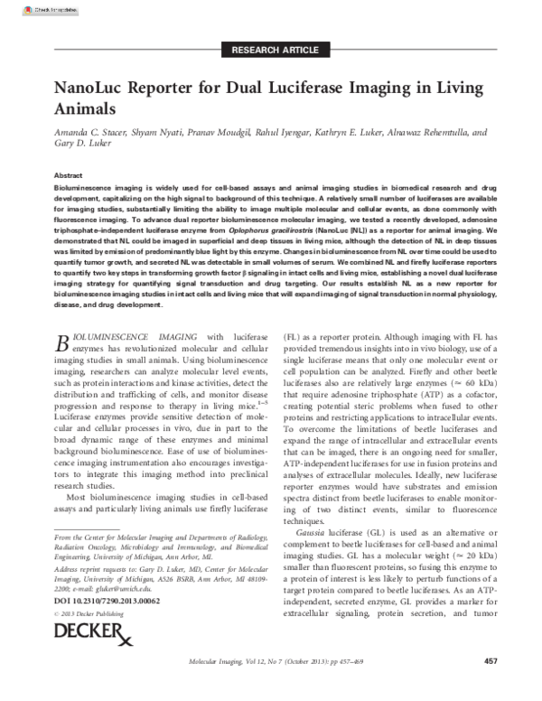 (PDF) NanoLuc Reporter for Dual Luciferase Imaging in Living Animals