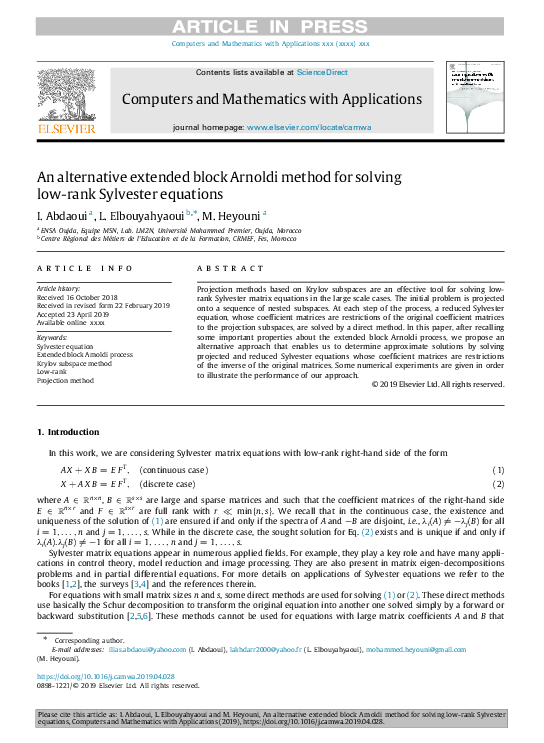 (PDF) An alternative extended block Arnoldi method for solving low-rank Sylvester equations