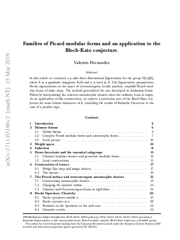 (PDF) Families of Picard modular forms and an application to the Bloch–Kato conjecture