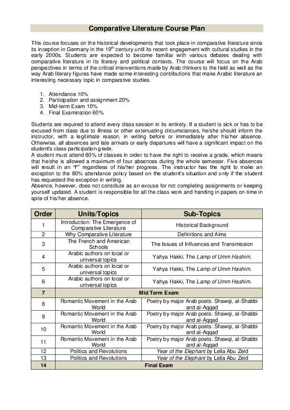 (PDF) Comparative Literature Course Plan