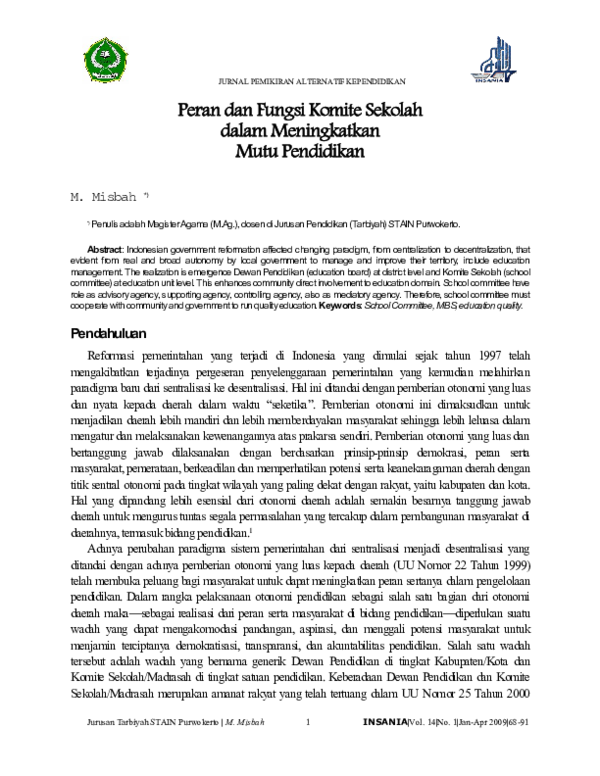 Pdf Peran Dan Fungsi Komite Sekolah Dalam Meningkatkan Mutu Pendidikan