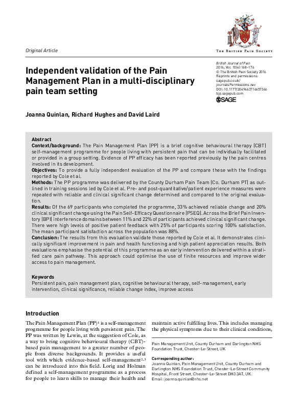 (PDF) Independent validation of the Pain Management Plan in a multi ...