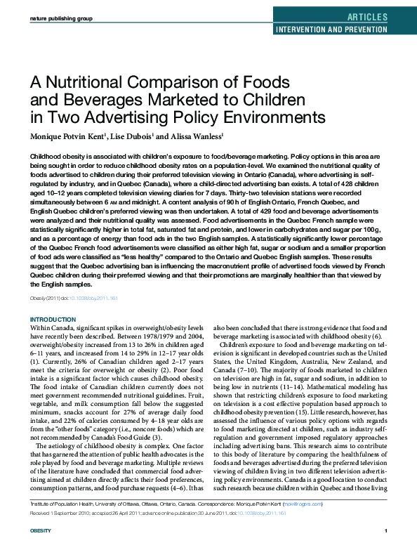 (PDF) A Nutritional Comparison of Foods and Beverages Marketed to ...