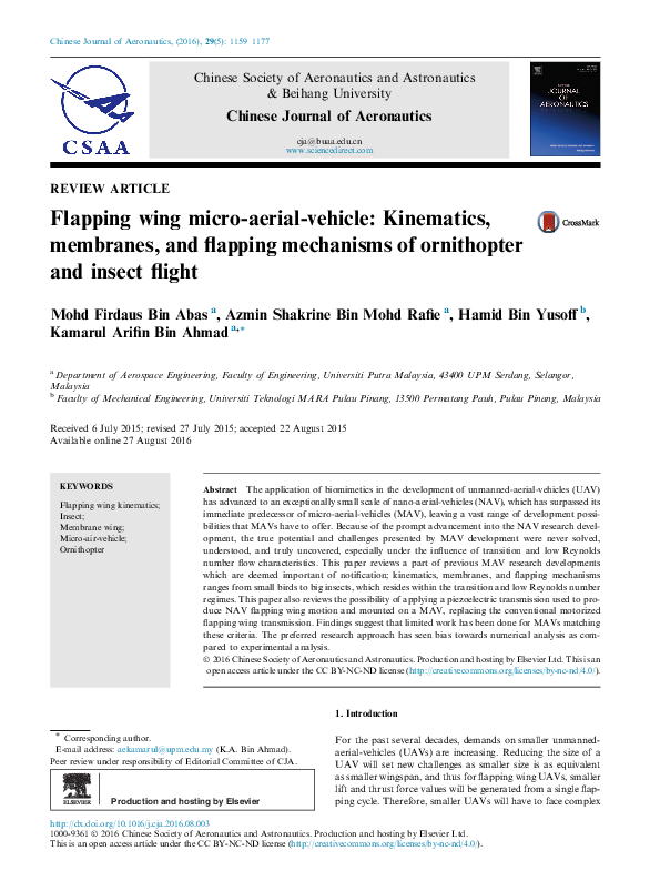 (PDF) Flapping wing micro-aerial-vehicle: Kinematics, membranes, and ...