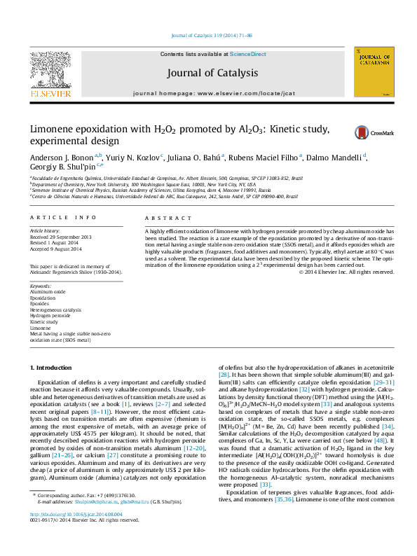 (PDF) Limonene epoxidation with H 2 O 2 promoted by Al 2 O 3 : Kinetic ...