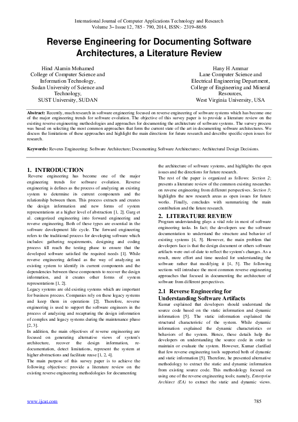 (PDF) Reverse Engineering for Documenting Software Architectures, a Literature Review