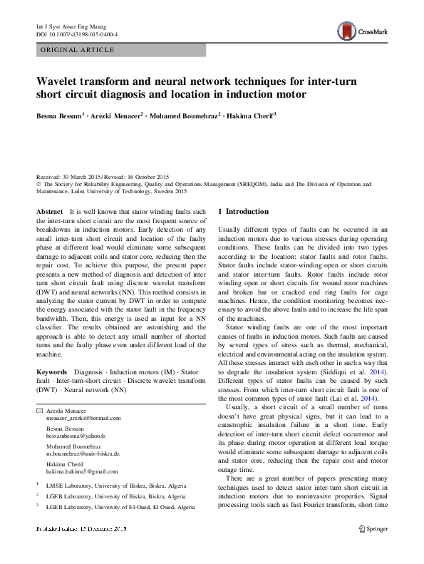 Pdf Wavelet Transform And Neural Network Techniques For Inter Turn Short Circuit Diagnosis And