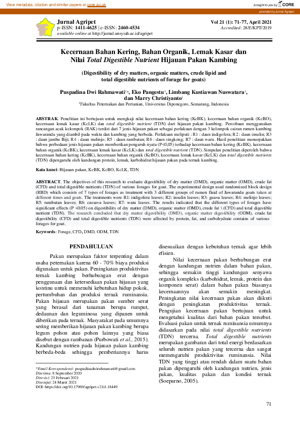 (PDF) Kecernaan Bahan Kering, Bahan Organik, Lemak Kasar dan Nilai Total Digestible Nutrient ...