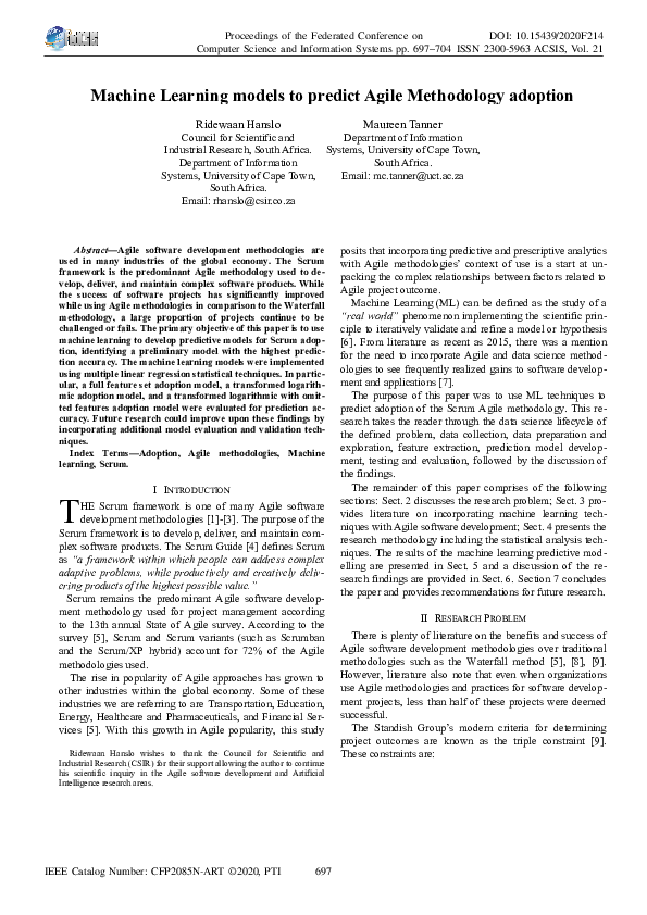 (PDF) Machine Learning models to predict Agile Methodology adoption
