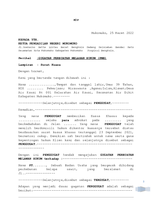 (DOC) GUGATAN PERBUATAN MELAHAN HUKUM (PMH)