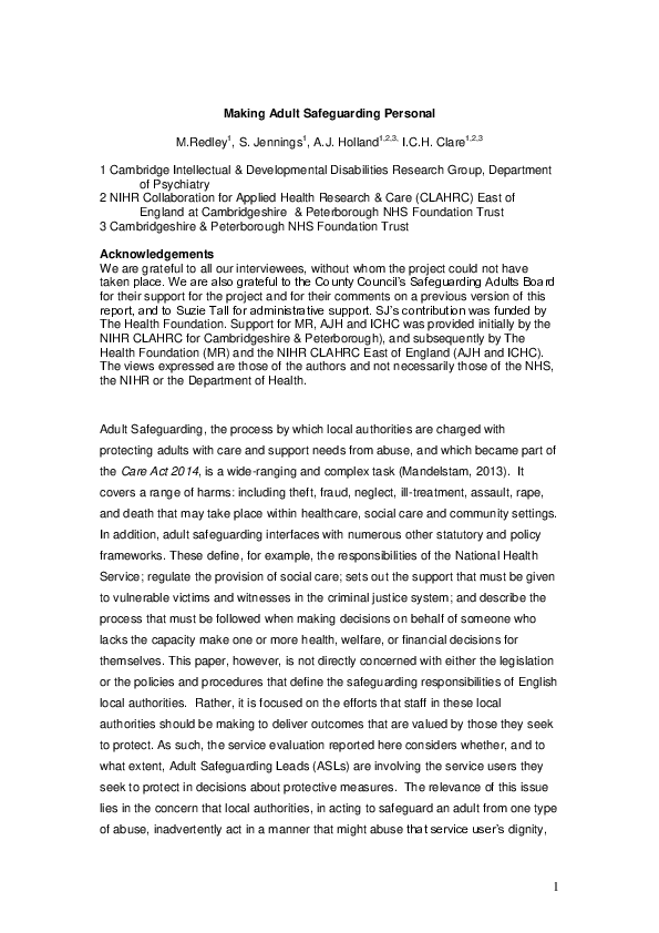 (PDF) Making adult safeguarding personal | Isabel Clare - Academia.edu