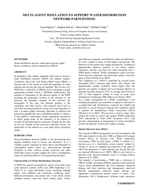 (PDF) Multi-agent simulation to support water distribution network partitioning